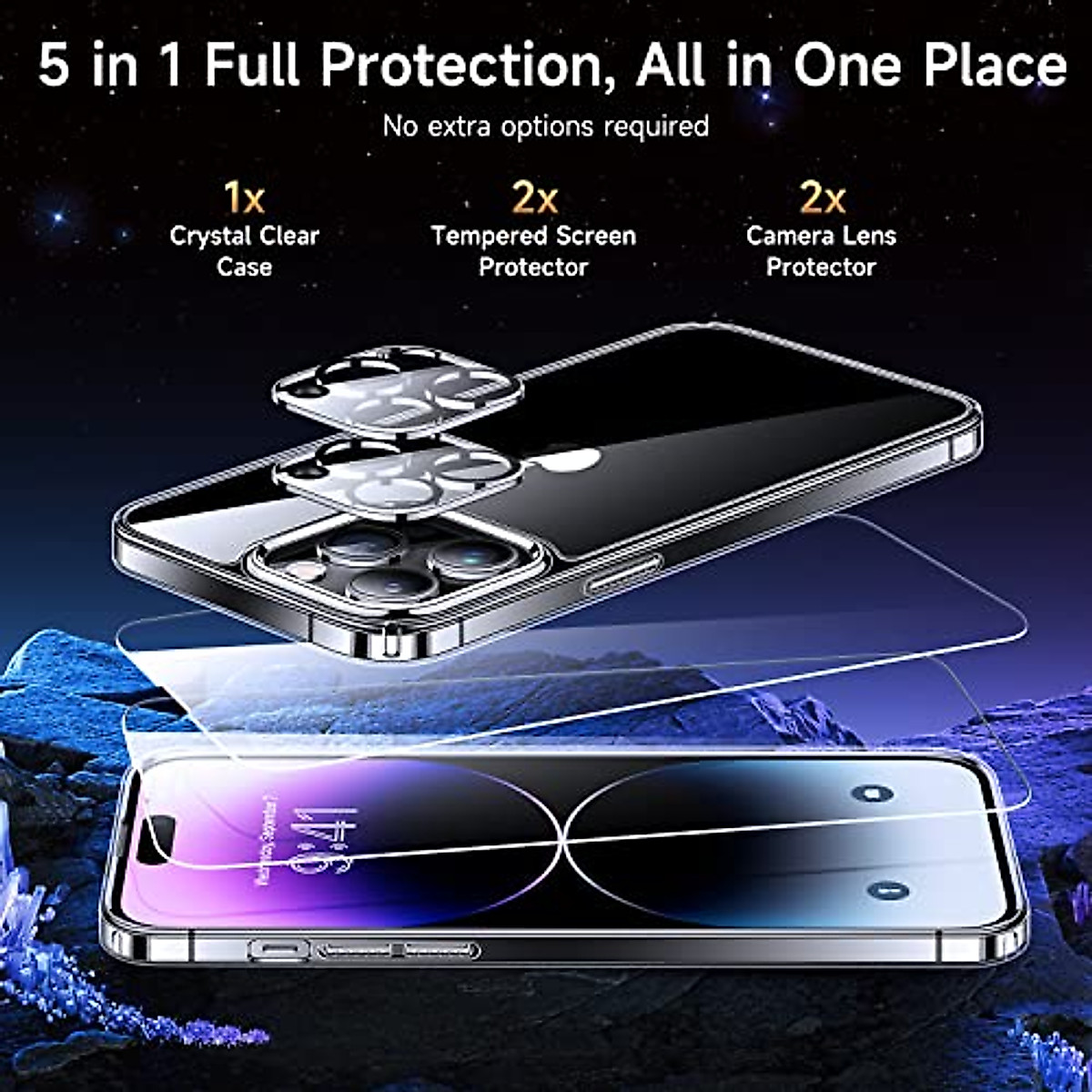 Humixx [5 in 1] for iPhone 14 Pro Case, with 2X Screen Protector + 2X Lens Protector, [20x Anti-Yellowing][12 FT Drop Protection] Clear Shockproof Protective Case for iPhone 14 Pro 6.1 inch