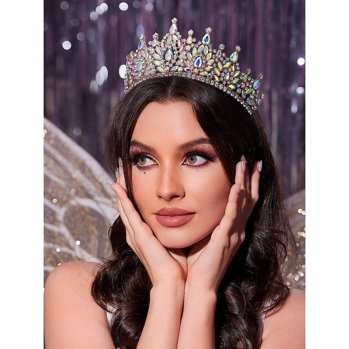 SWEETV Tiara Crown for Women Girls, Aurora Borealis Crystal Princess Crown, Wedding Tiara for Bride, Hair Accessories for Birthday Prom Party Quinceanera Pageant, Iridescent