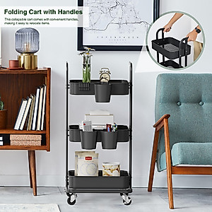 DTK 3 Tier Foldable Rolling Cart, Metal Utility Cart with Lockable Wheels, Folding Storage Trolley, 3 Small Baskets and 6 Hooks for Living Room, Kitchen, Bathroom, Bedroom and Office, Black