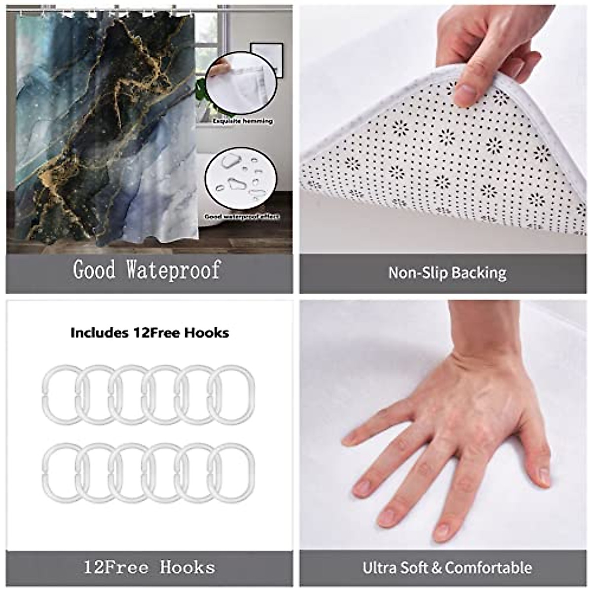 elepdfcd Marble Shower Curtain Set, Bathroom Accessories Sets,4 Piece Abstract Bath Decor with Rugs Complete Set, Non-Slip and Waterproof with 12 Hooks, Blue, Glod, Green