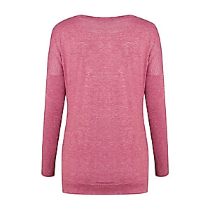 Women Long Sleeve Shirts Loose Side Button Trim Blouse Classic Color Patchwork V-Neck Tunic Pullover Tops Pink