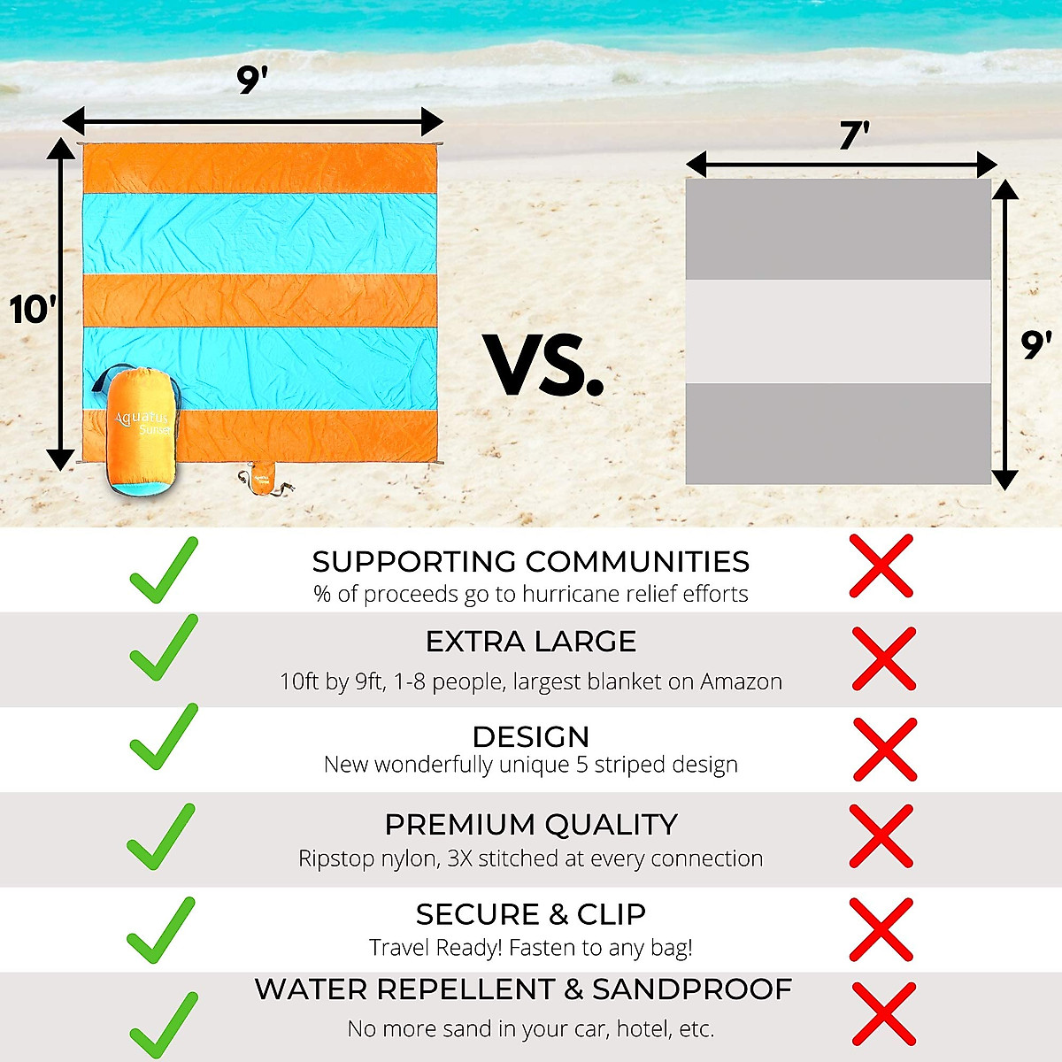 AQUATUS Premium XXL Beach Blanket Sandproof Water Resistant Quick Dry Mat 10ft by 9ft for 1-8 Adults with 4 Metal Stakes, 4 Corner Pockets, Secure Clip and Strap, and Attached Bag