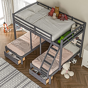 Full over Twin & Twin Bunk Bed,Triple Bunk Bed Frame for Boys Girls Kids Adults Toddler with Drawers, Gray