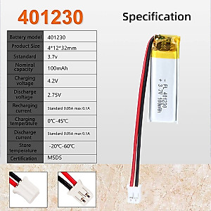 AKZYTUE 3.7V 100mAh 401230 Lipo battery Rechargeable Lithium Polymer ion Battery Pack with PH2.0mm JST Connector