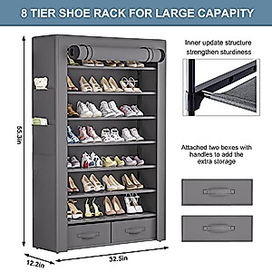 OYREL Shoe Rack, Shoe Storage Cabinet 32 Pairs Shoe Organizer Shelf Tall Zapateras for Shoes Large Free Standing Racks Vertical Black Holder Stand with Cover Two Boxes, 8Tier Long