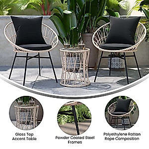 Flash Furniture TW-VN017-18-TAN-BK-GG Devon 3-Piece Indoor/Outdoor Bistro Set, Papasan Style Rattan Rope Chairs, Glass Top Side Table & Cushions, Tan/Black