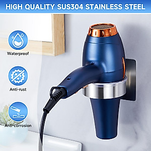 XILIMEN Hair Dryer Holder Wall Mounted, Bathroom Blow Dryer Holder, Stainless Steel Hair Blow Dryer Rack Organizer, Adhesive Hairdryer Holder for Bathroom Barber Shops, Hair Dryer Storage