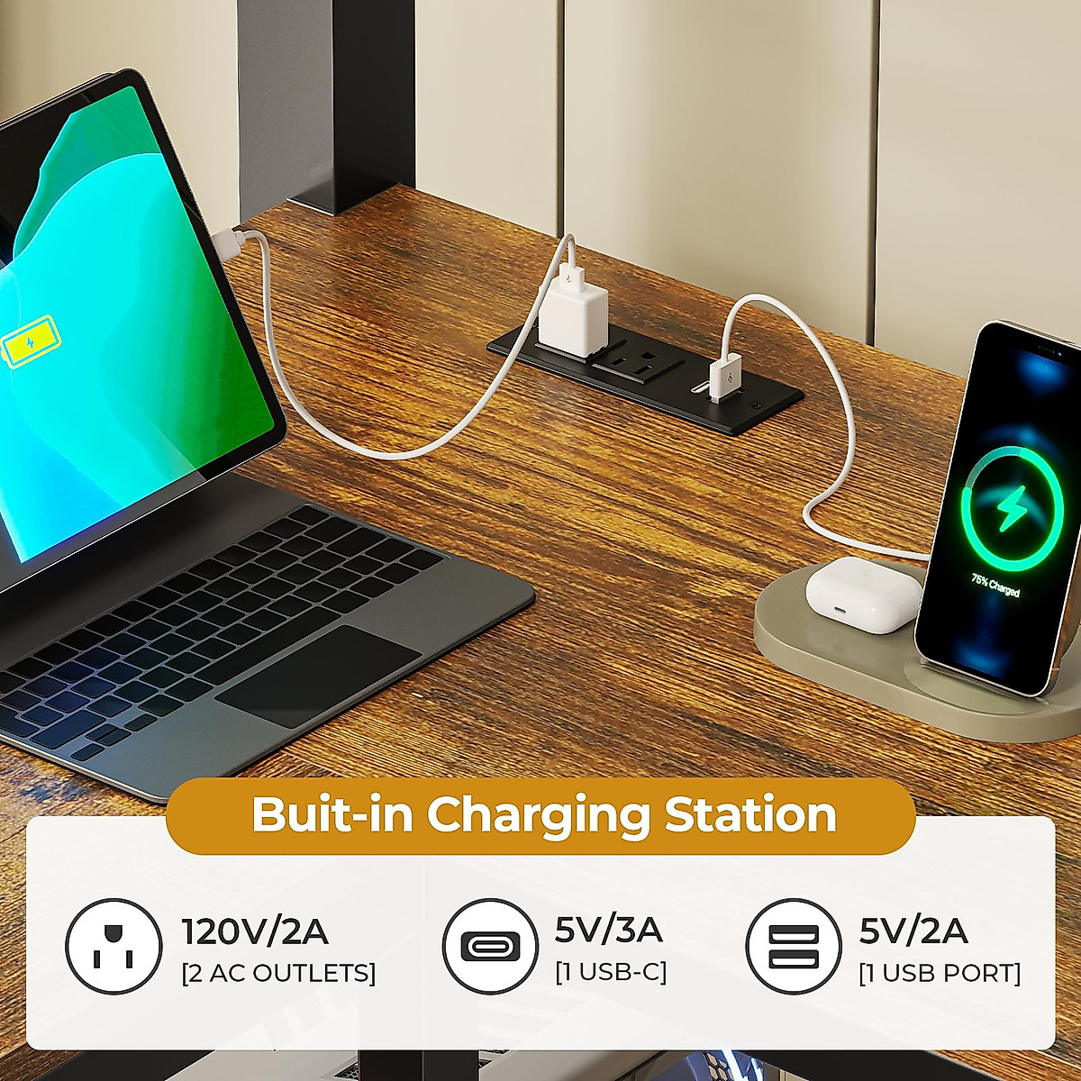 ADORNEVE Loft Bed Twin Size with L-Shaped Desk, LED Lights,Charging Station, Twin Metal Loft Bed Frame with Fabric Drawers & Shelve, 13.4" H Safety Guardrail, No Box Spring Needed, Black