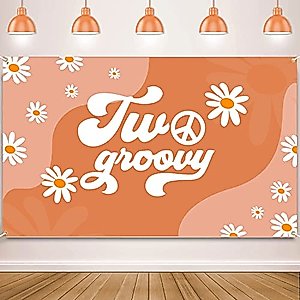 DARUNAXY Two Groovy Retro Hippie Boho Banner, 2nd Birthday Party Decoration 2 Year Old Birthday Party Supplies, Daisy Flower Groovy Backdrop for Baby Girls Hippie Theme Birthday Photography Background