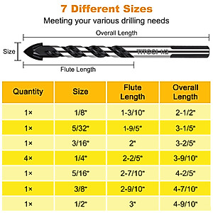 Professional Masonry Drill Bit Set (10PCS) for Glass/Brick/Plastic/Cement/Wood/Tile/Etc, Industrial Strength Carbide Drill Bit Tip, 1/8"-1/2" by TITGGI