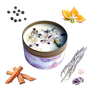 White Sage Smudge Candle with Rose Quartz and Amethyst Gemstone Crystals 100% Natural Soy Essential Oils (Lavender)