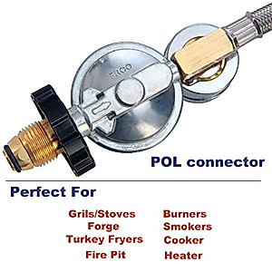 12 Foot High Pressure Adjustable Propane Regulator 0-30 PSI with Gauge 0~60PSI Gas Flow Indicator, Gas Cooker-3/8inch Female Flare Fitting, Stainless Steel Braided Hose and Gas Grill LP Regulator …