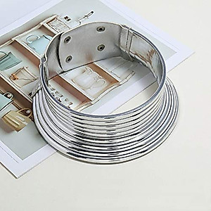 Bluegoog African Choker Collars Necklace,Snap Egypt Punk Gothic Chunky Leather Bib Statement Necklaces for Women(Silver Set)