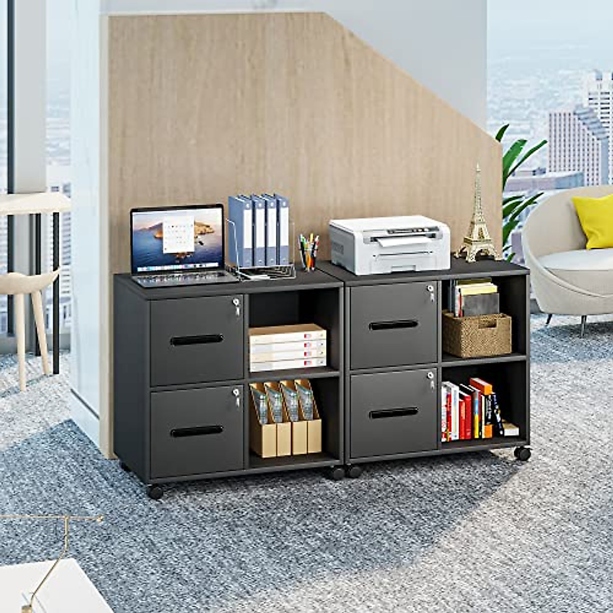 YITAHOME 2-Drawer Filing Cabinet, Thickened Steel Mobile Lateral Filing Cabinet On Wheels for A4/Letter Size, Printer Stand with Open Storage Shelves for Home Office