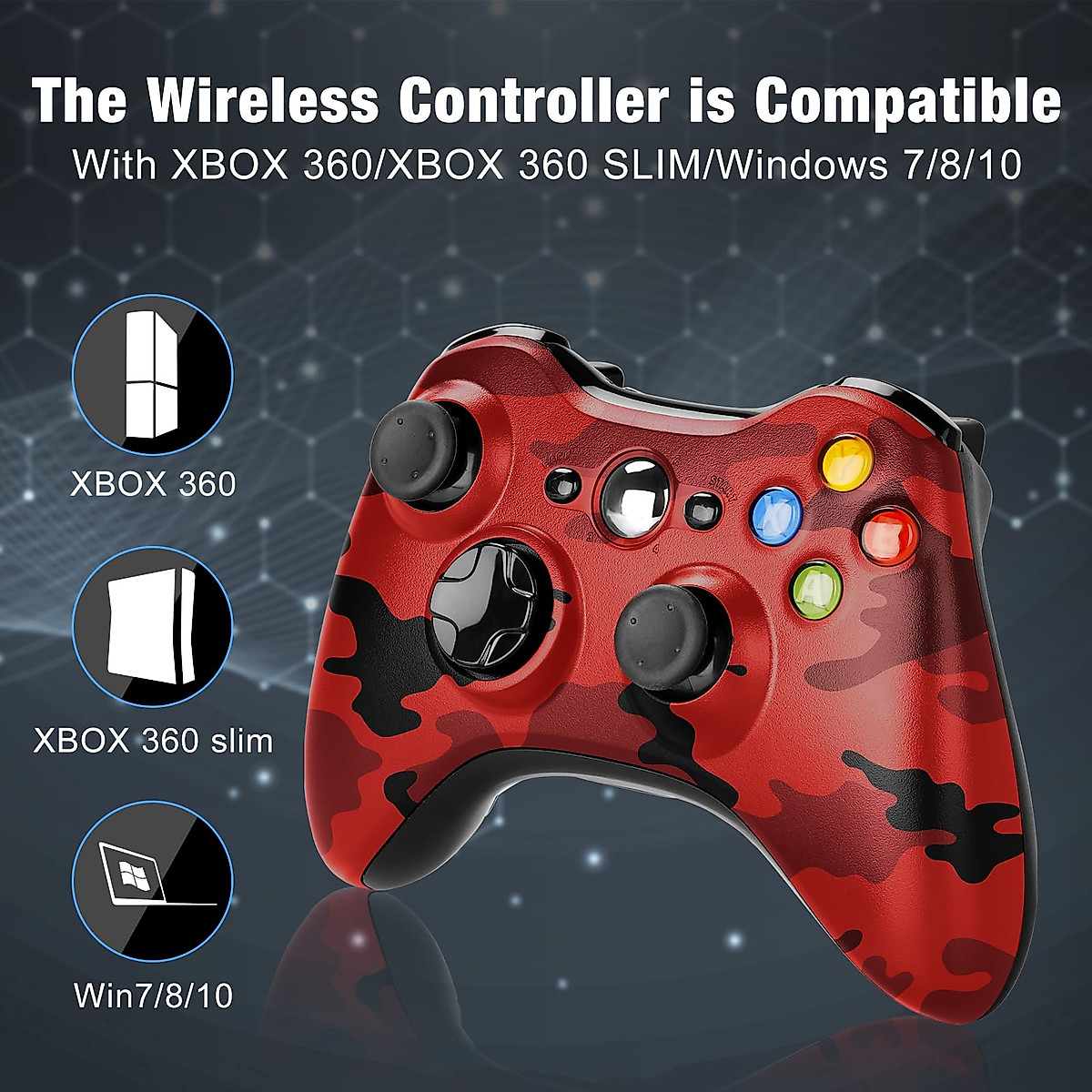 BUERTT Wireless Controller for Xbox 360, 2.4GHZ Game Joystick Controller Gamepad for Xbox 360 & Slim Console and PC Windows 7/8/10,No Audio Jack,Camo Red