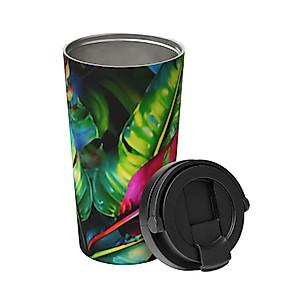Insulated Coffee Mug Colorful Tropical Leaf 17oz Double Wall Vacuum Stainless Steel Tumbler With Leak-Proof Lid And Handle, Cute Travel Thermos Mug For Cold Hot Drinks