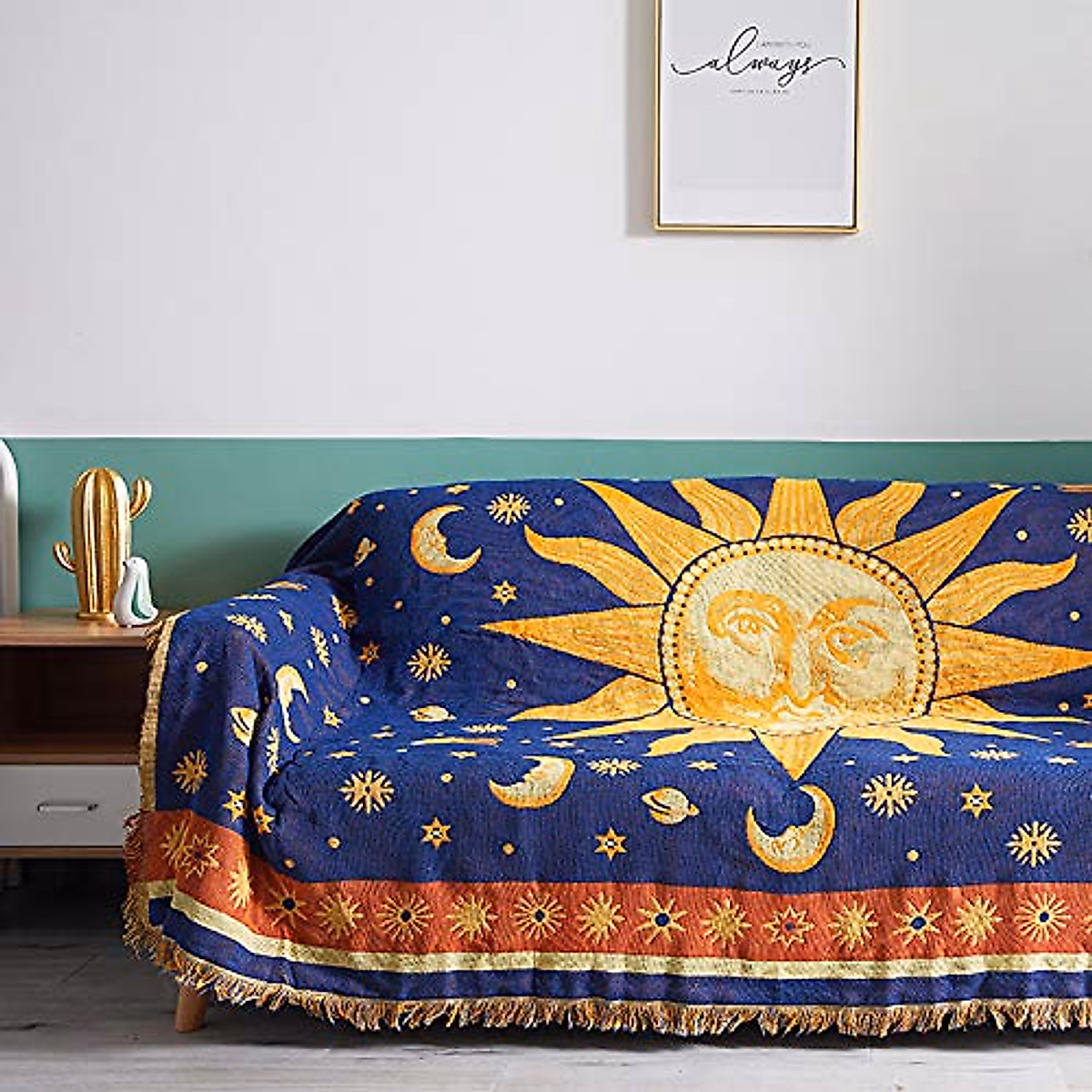MayNest Sun And Moon Stars Hippie Throw Blanket Celestial Tapestry Double-sided Reversible Woven Cotton Home Decor Bedding Chair Couch Recliner Cover Loveseat Rug Oversized Tassels Blue Yellow (91x71)