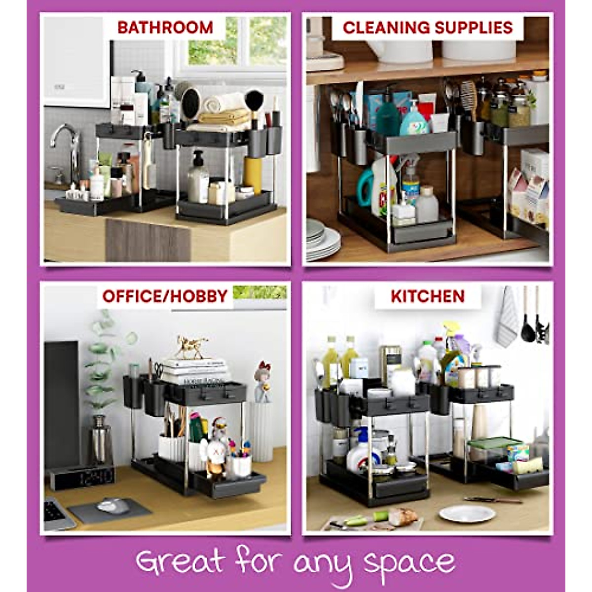 2 PACK Under Sink Organizer Rack 2 Tier Under Sliding Cabinet Basket Organizer Drawer With Bathroom Cabinet Storage Drawer With 4 Hooks