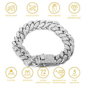 Halukakah Diamond Cuban Link Chain for Women 13.5MM Platinum White Gold Finish Bracelet 7",Full Cz Diamond Cut Prong Set,with Giftbox
