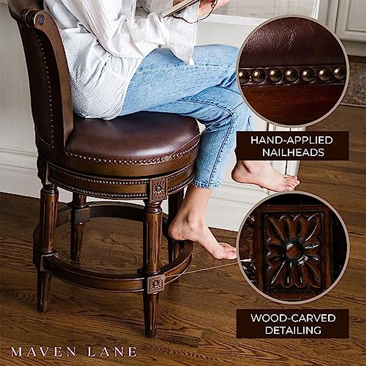 Maven Lane Pullman High-Back Kitchen Swivel Bar Stool, Dark Walnut, Bar Height