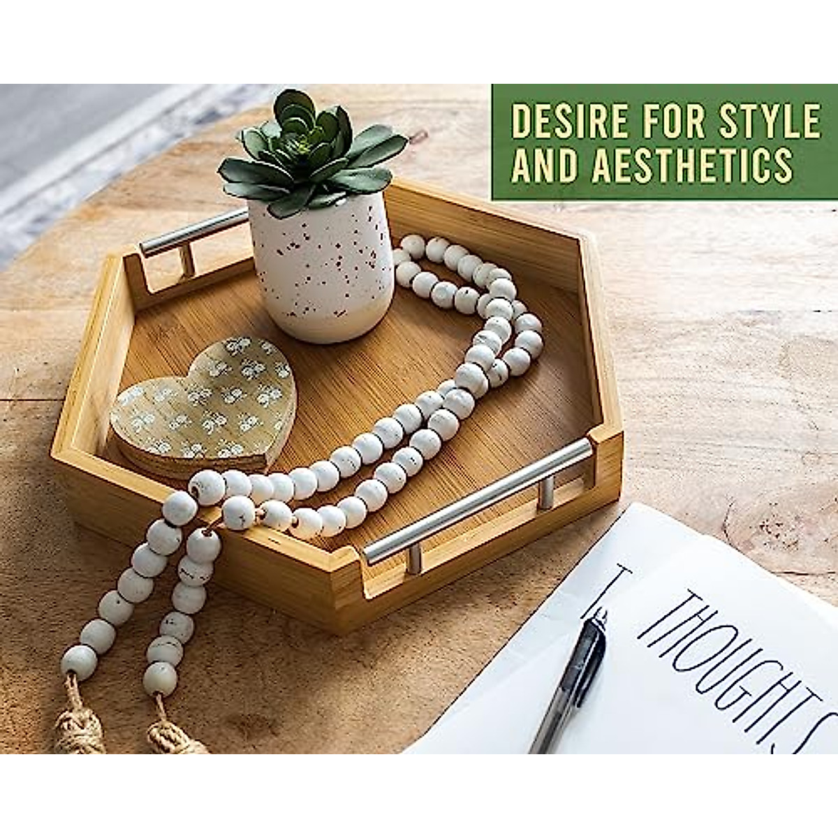 Comfify Honeycomb Serving Trays with Handles – Set of 2 Bamboo Hexagon Nesting Trays – Large, and Small Trays Set for Food, Ottoman Décor & More – Modern Trays for Breakfast -Natural