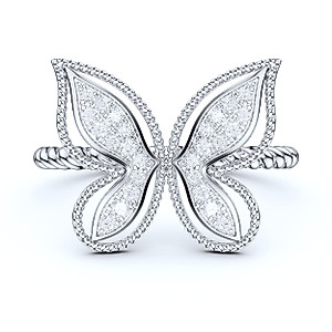 PRSTANI Real 14k White Gold Twisted Rope Shank Round Brilliant Genuine Moissanite Milgrain Butterfly Ring For Women (6.5)