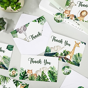 AnyDesign Woodland Thank You Cards with Envelopes Stickers Safari Jungle 30 Pack Watercolor Forest Animals Greenery Greeting Note Cards for Kids Girls Boy Children Birthday Baby Shower Party Supplies