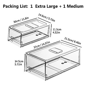 YekouMax Pantry Organization and Storage Bins, Refrigerator Organizer, Plastic Stackable Storage Bins with Drawers, Pull-Out Cabinet Containers for Fridge Kitchen Office (2 PACK, Extra Large & Medium)