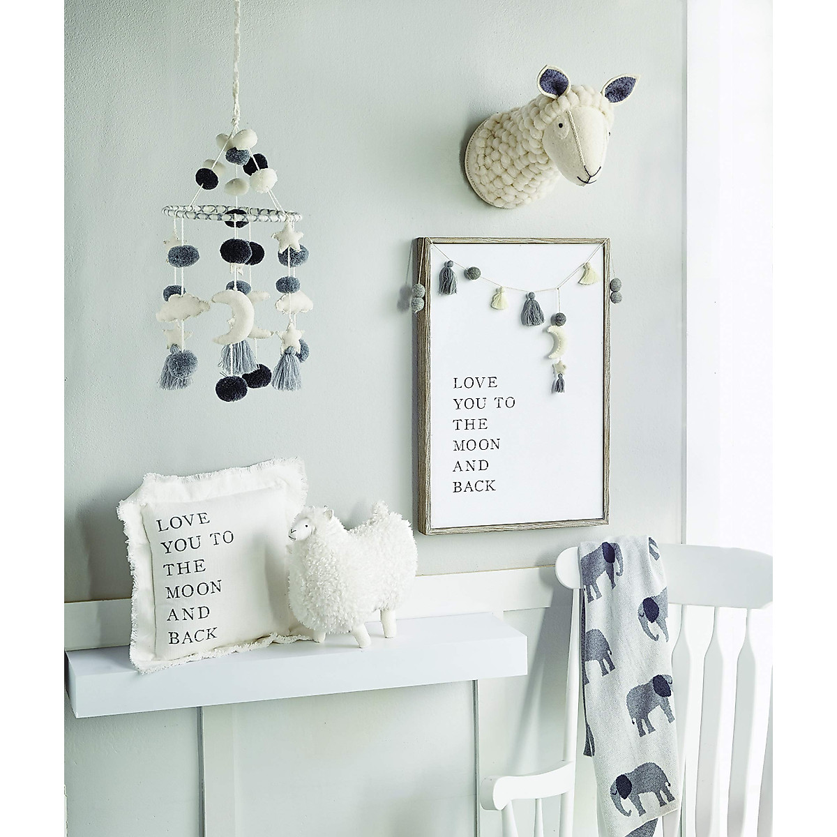 Mud Pie Pom Pom Stars and Clouds Celestial Crib Mobile - White and Grey, White/Grey