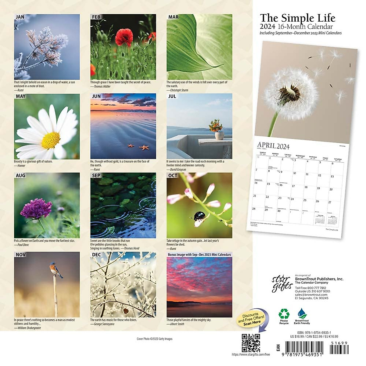 The Simple Life | 2024 12 x 24 Inch Monthly Square Wall Calendar | Sticker Sheet | StarGifts | Inspiration Photography
