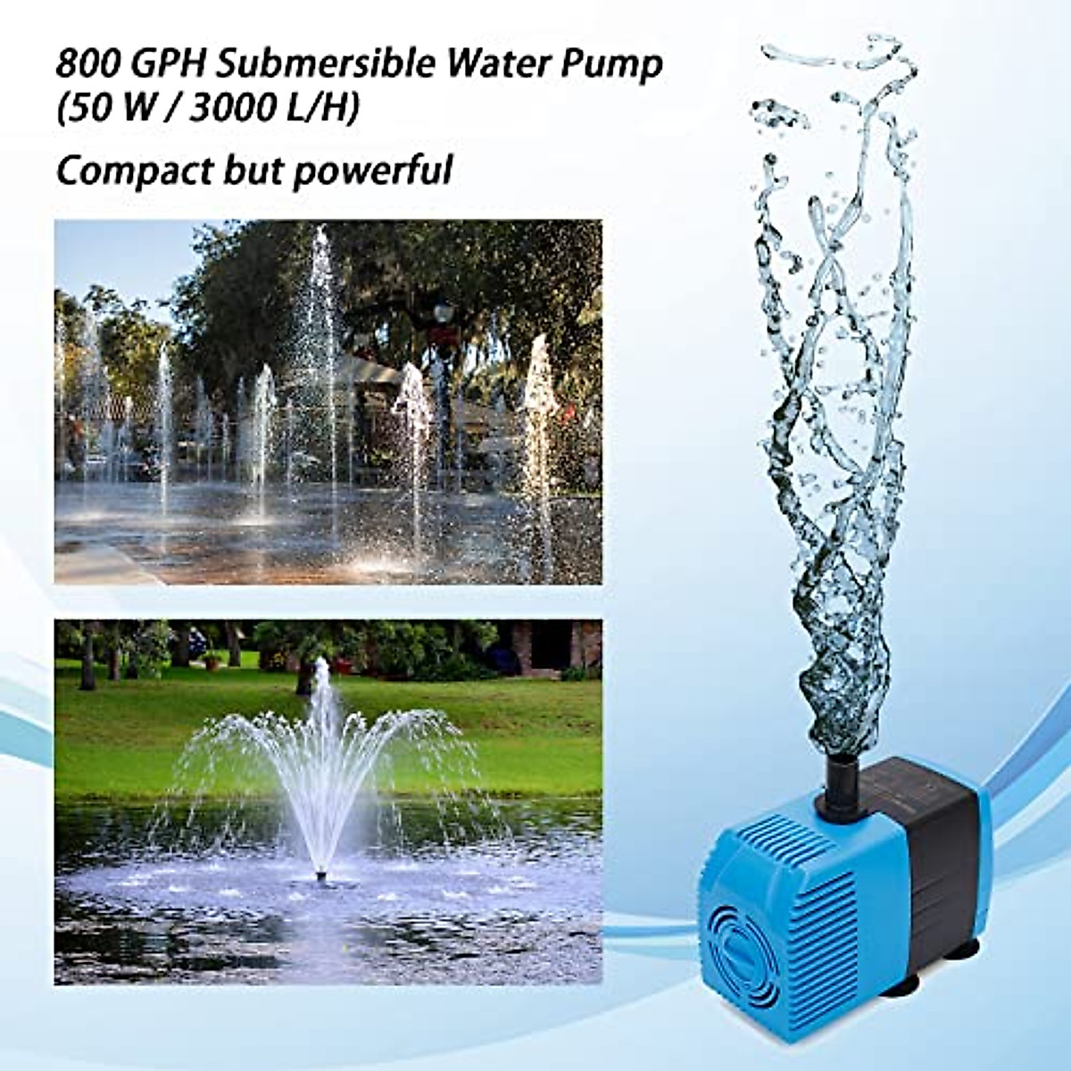 HUWLUIWA 160GPH Submersible Water Pump with 3.3 ft Tube & Filter Sponge,12W Mini Ultra Quiet Fountain Water Pump with 3 Nozzles for Aquariums, Pond, Fish Tank, Water Feature