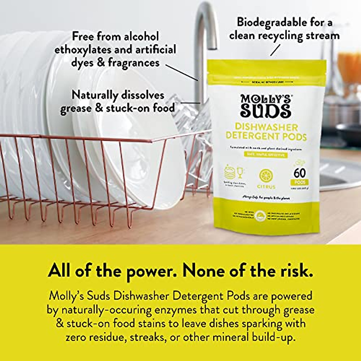 Molly's Suds Dishwasher Pods | Natural Dishwasher Detergent, Cuts Grease & Rinses Clean (Residue-Free) for Sparkling Dishes, Biodegradable Auto-Release Tabs (Citrus - 60 Count)