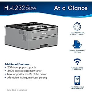 Brother HL-23 25DW Series Compact Monochrome Wireless Laser Printer - Mobile Printing - Auto Duplex Printing - USB Connectivity - Print Up to 26 Pages/min - 1-line LCD Display + HDMI Cable
