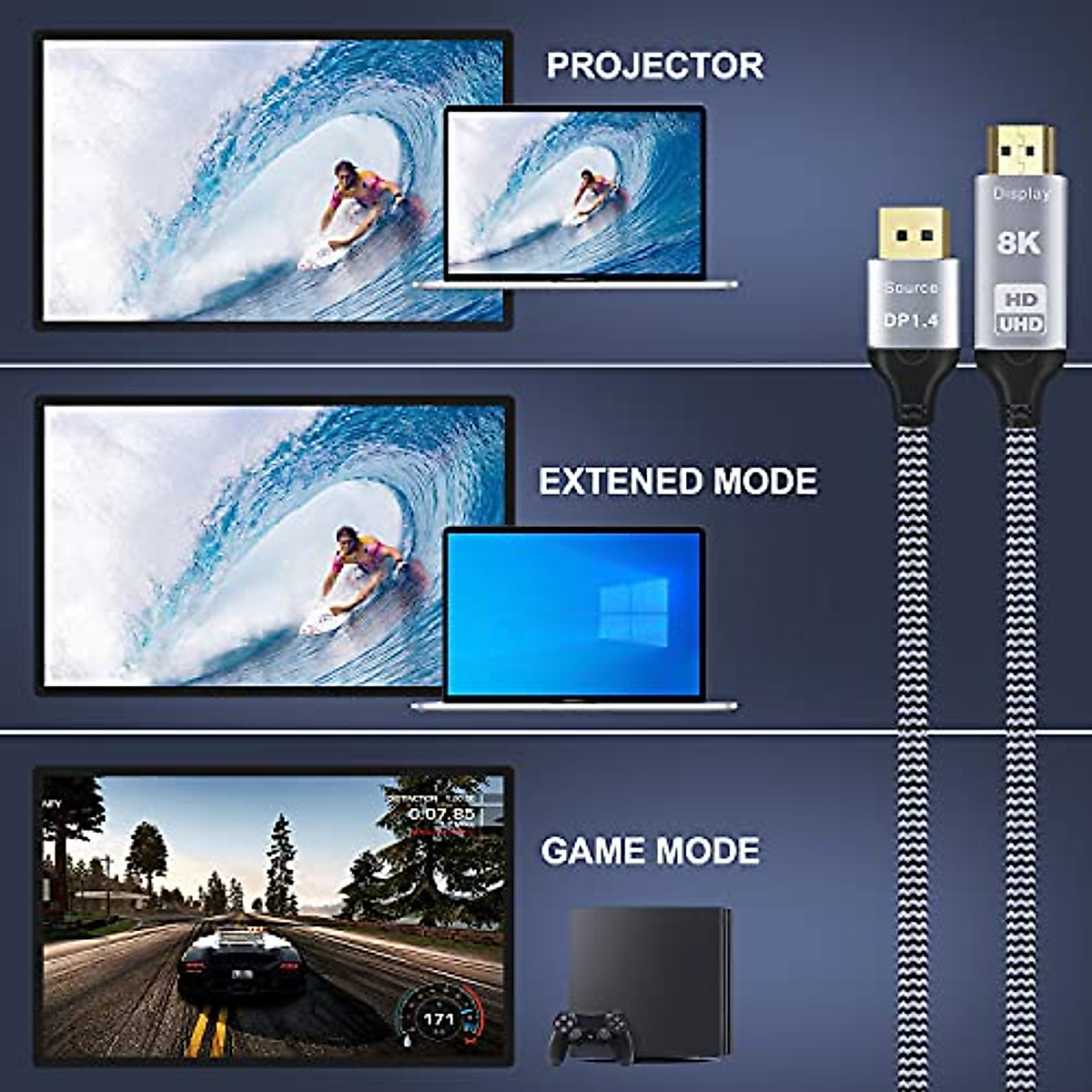 CableDeconn DisplayPort 1.4 to HDMI 2.1 8K Cable 2 m Converter 8K @ 30Hz 4K @ 120Hz Directional Compatible with DisplayPort PC and HDMI Displays