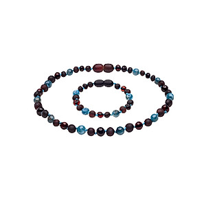 Genuine Amber Necklace & Bracelet From Baltic Sea Made With Unpolished Cherry Polished Cherry and Apatite 34 & 15 cm (13.4 & 5.9 Inches), Black