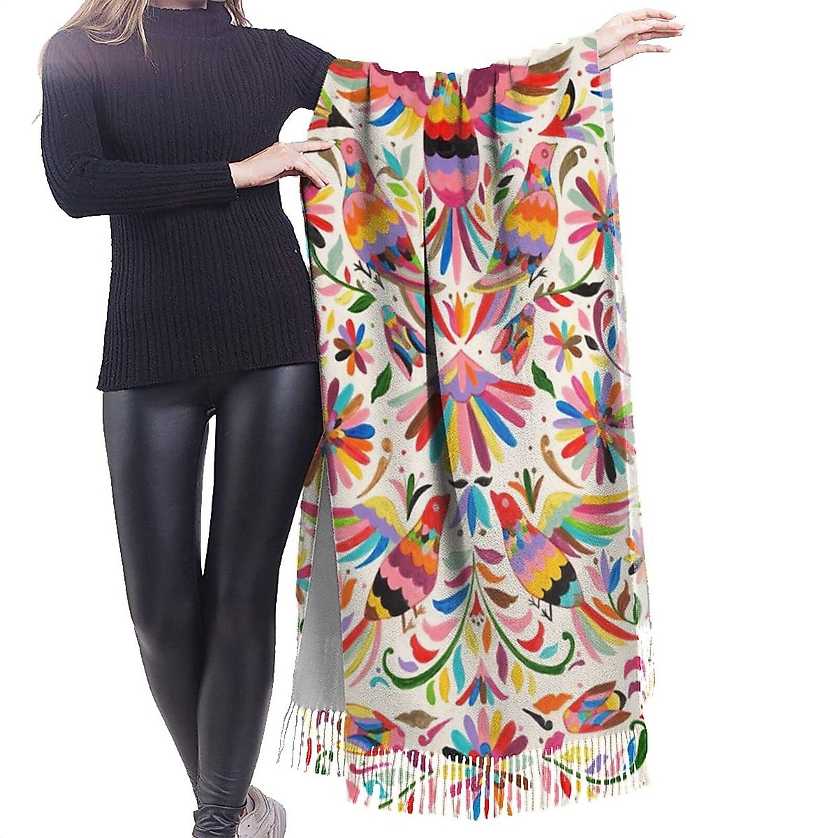QBahoe Mexican Floral Ethnic Art Birds Paisley Cashmere Scarf For Women Men Lightweight Oversized Fashion Soft Winter Scarves Fringe Shawl Wrap