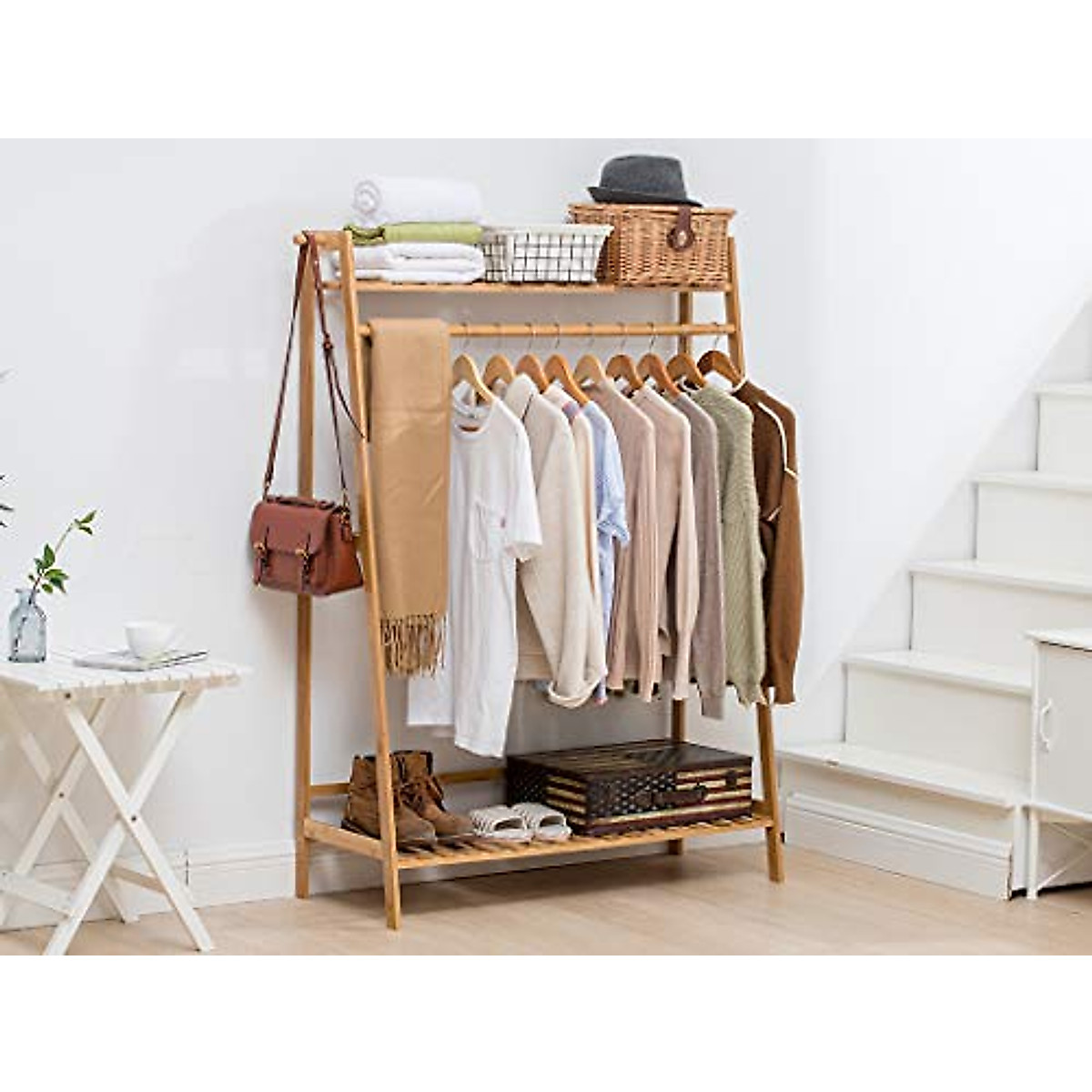 COPREE Bamboo Garment Coat Clothes Hanging Heavy Duty Rack with top Shelf and Shoe Clothing Storage Organizer Shelves