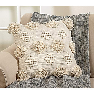 SARO LIFESTYLE Handira Collection Down Filled Cotton Pillow Pom Moroccan Design, 18", Ivory