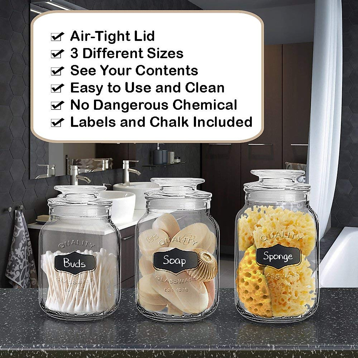 Glass Canister Set for Kitchen or Bathroom with Airtight Lid and Chalkboard Labels, Apothecary Glass Food Storage Jars - Set of 3 Cookie Jars, Candy, Coffee, Flour, Sugar, Rice, Pasta, Cereal & More, Clear Storage Containers!
