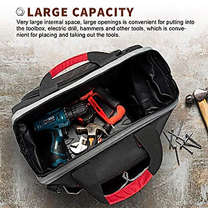 Pnochoo Waterproof Tool Bags for Men or Women, 16-inch Wide Mouth Tool Tote Bag with 25 Pockets for Tool Organizer & Storage, with Adjustable Shoulder Strap (16IN, Black/Red)