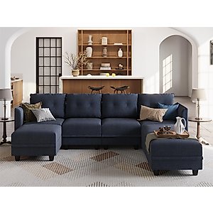 LLappuil Modular Sectional Sofa with Storage U Shaped Couch with Reversible Chaise Luxury Velvet Sofas for Living Room 4 Seats with 3 Ottomans Denim Blue