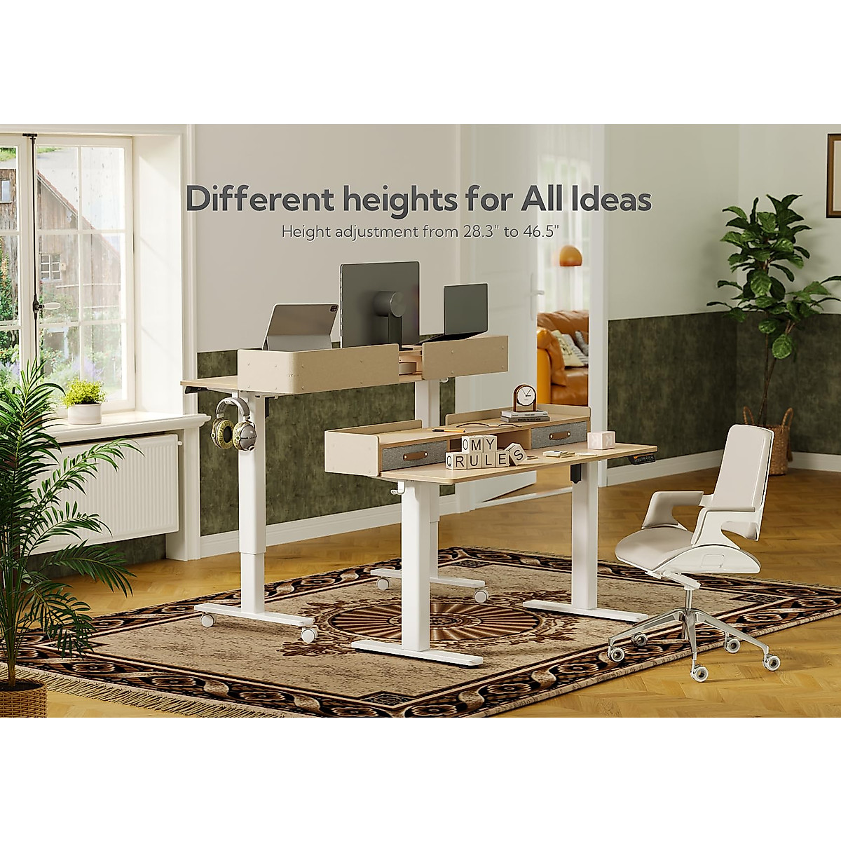 Claiks Standing Desk with Drawers, Adjustable Stand Up Electric Standing Desk Adjustable Height, Sit Stand Desk with Storage Shelf and Splice Board, 59 Inch, Natural