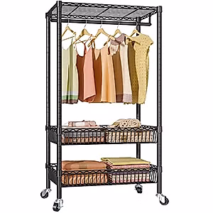 VIPEK X2 Rolling Garment Rack Adjustable Wire Clothing Rack Portable Closet Rack with Hanging Rod Metal Basket Heavy Duty Clothes Drying Rack Laundry Sorter Cart Bathroom Storage Shelves, Black