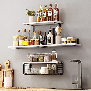 Fixwal 4+1 Tier Floating Shelves, Rustic Wood Wall Mounted Shelf, Bathroom Shelves Over Toilet with Wire Storage Basket, Farmhouse Wall Decor for Bedroom, Kitchen, Living Room and Plants (White)