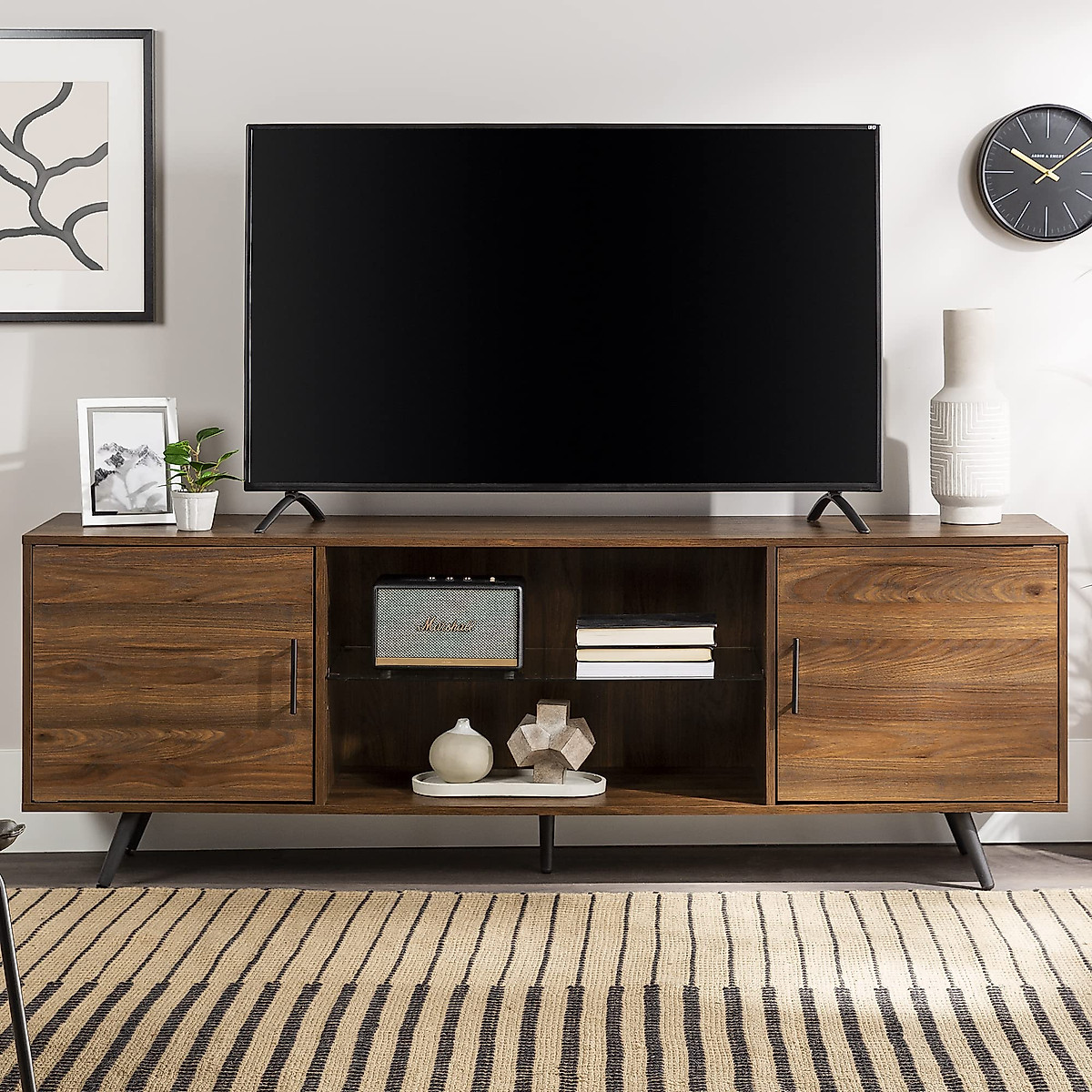 Walker Edison Saxon Mid Century Modern 2 Door Glass Shelf TV Stand for TVs up to 80 Inches, 70 Inch, Dark Walnut