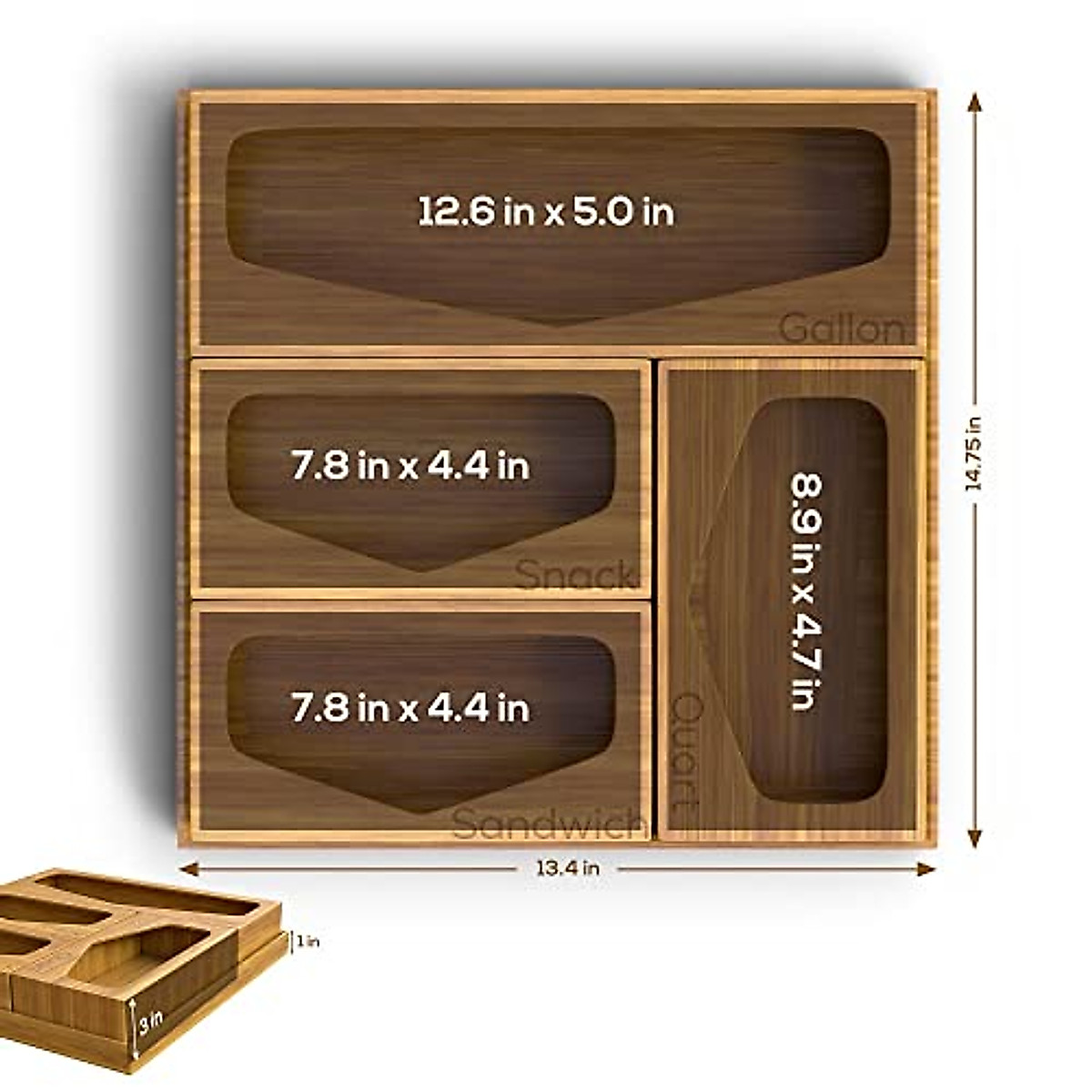 Homelie | Premium Bamboo Ziplock Bag Organizer & Extra Tray - 4 Sizes Bamboo Baggie Storage Organizer for Best Home Kitchen Organization, Drawer and Pantry Sandwich Plastic Bags Containers Organizers