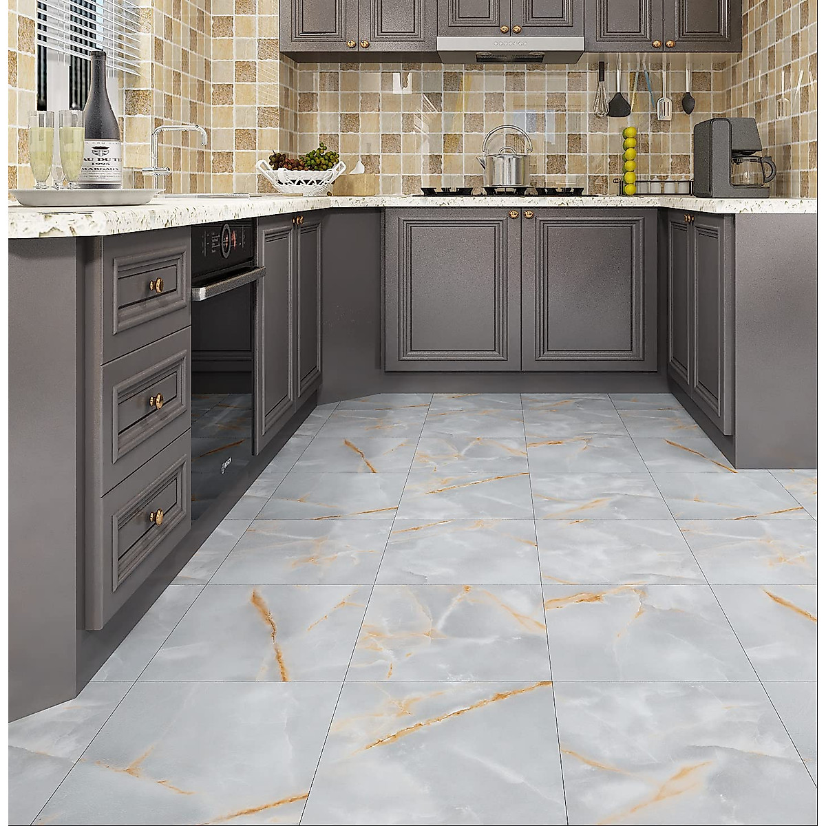 FunStick Grey Gold Marble Peel and Stick Floor Tile 12 x 12 Inch 15 Pack Self Adhesive Vinyl Flooring Peel and Stick Tiles for Floor Waterproof Kitchen Bathroom Bedroom Removable Floor Tile Stickers