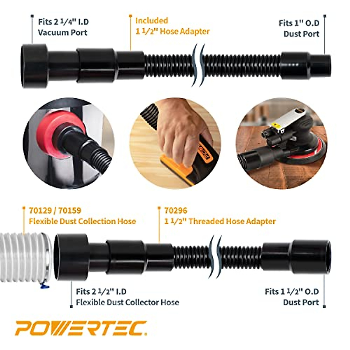 POWERTEC 70175 Dust Collection Hose with Fittings Plus Two Reducers , Black