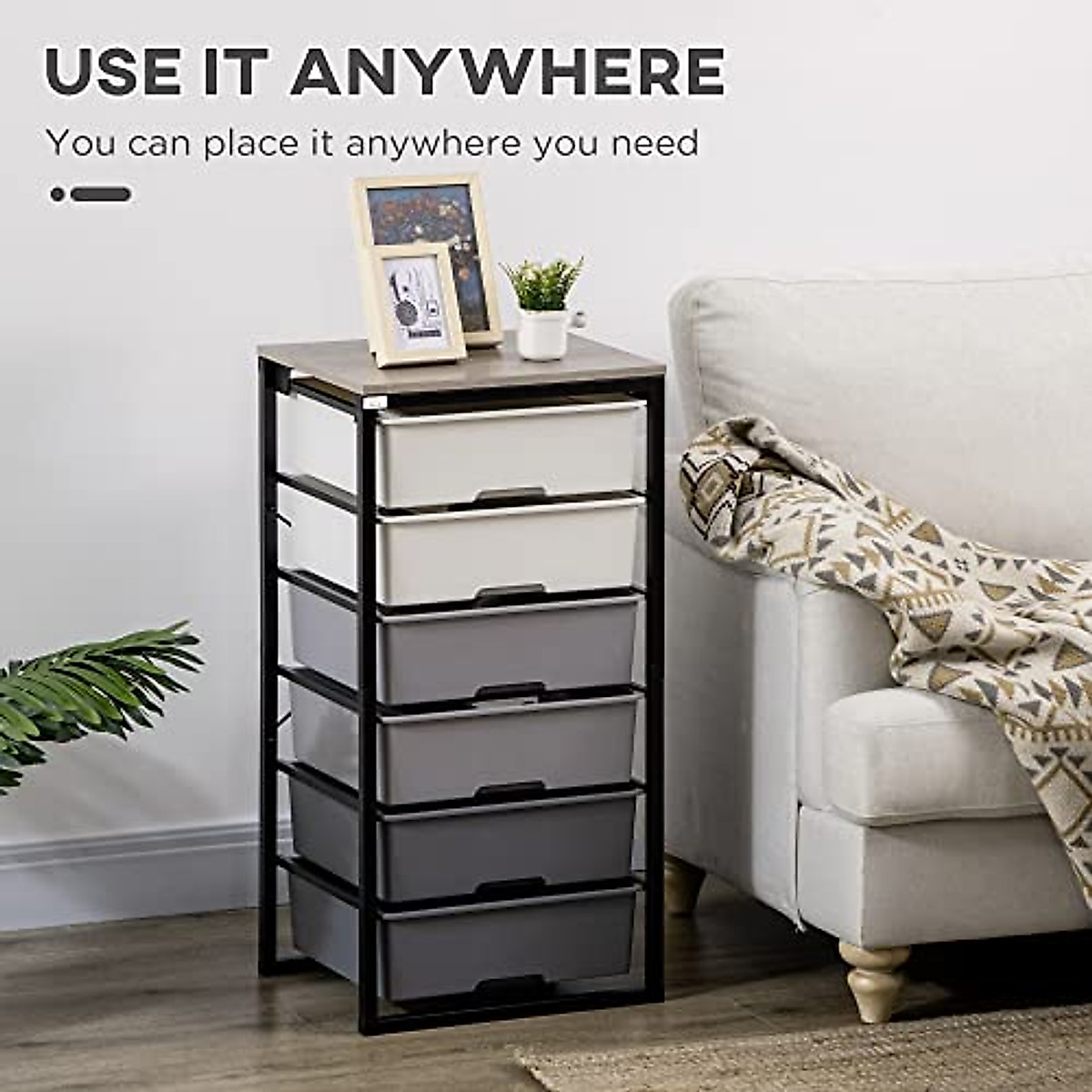 HOMCOM Dresser Storage Drawers with 6 Plastic Bins and Steel Frame, Crafting Bins for Living Room, Bedroom, Grey