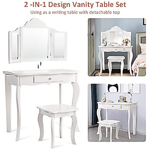Costzon Kids Wooden Vanity Table & Stool Set, 2 in 1 Detachable Design with Dressing Table and Writing Desk, Princess Makeup Dressing Table with Two 180° Folding Mirror, for Girls, Kids (White)